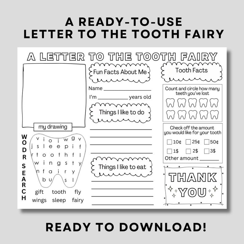 Tooth Fairy Letter Coloring Page – Printable Activity for Kids | First ...