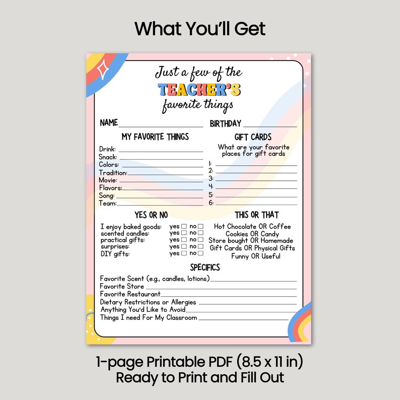 Teacher Questionnaire Survey A Few of My Favorite Things Teacher ...