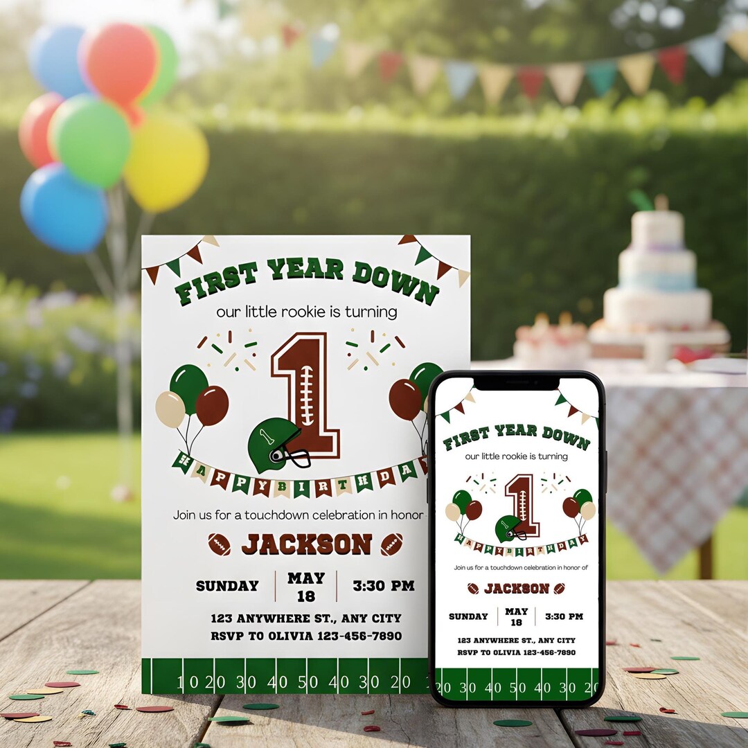 First Year Down Birthday Invitation Canva Template Editable, Football ...