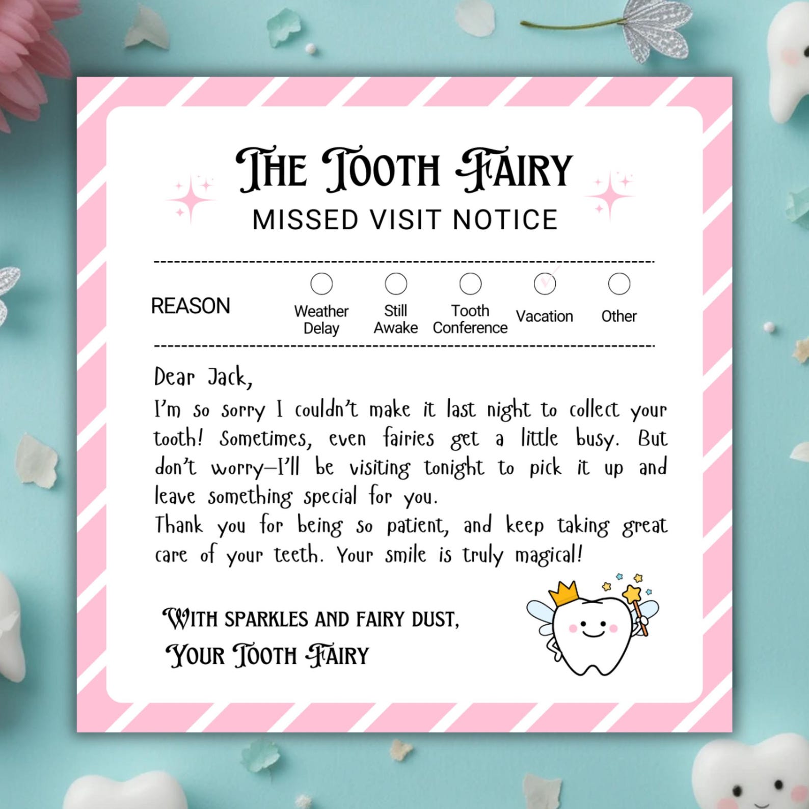 Printable Tooth Fairy Pink and Blue Apology Note Canva Template Tooth ...