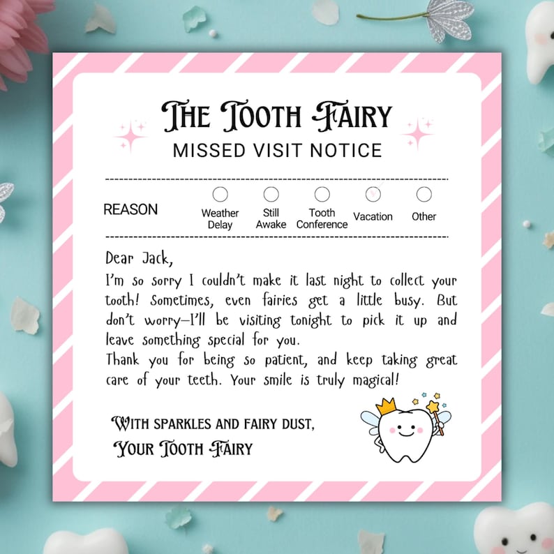 Printable Tooth Fairy Pink and Blue Apology Note Canva Template Tooth ...