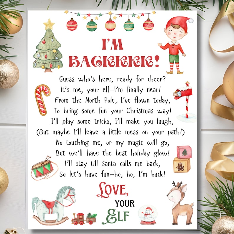 I'm Back Elf on the Shelf Letter Elf Arrival Letter Printable Pdf Fun Elves Arrive for Christmas ...