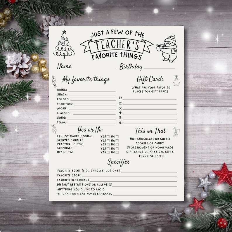 Teacher Questionnaire Survey A Few of My Favorite Things Teacher ...