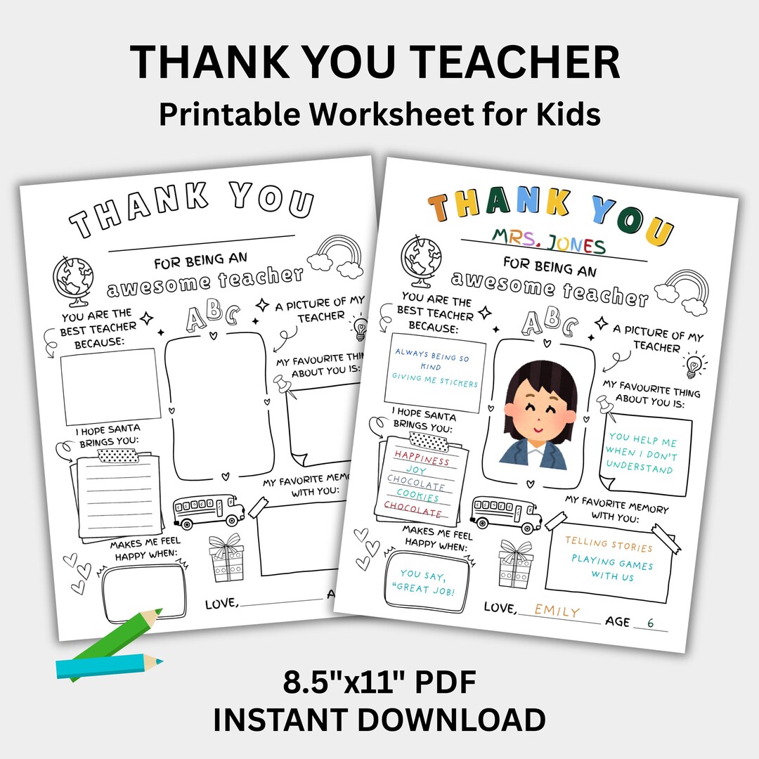 Teacher Appreciation Printable - Thank You Worksheet for Kids | End of ...