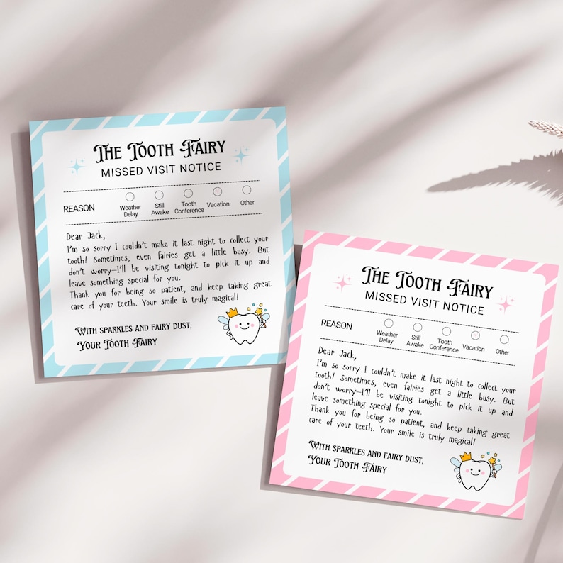 Printable Tooth Fairy Pink and Blue Apology Note Canva Template Tooth ...