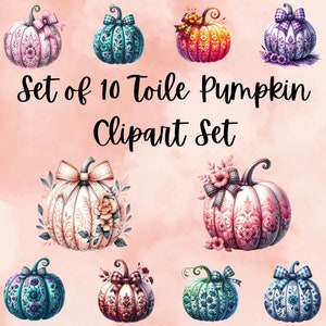 Set of 10 Floral Pumpkin Coquette PNG Clipart, Watercolor Retro Toile ...