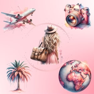 Girly Travel Clipart, Pink Travel Clipart, Watercolor Traveler Girl ...