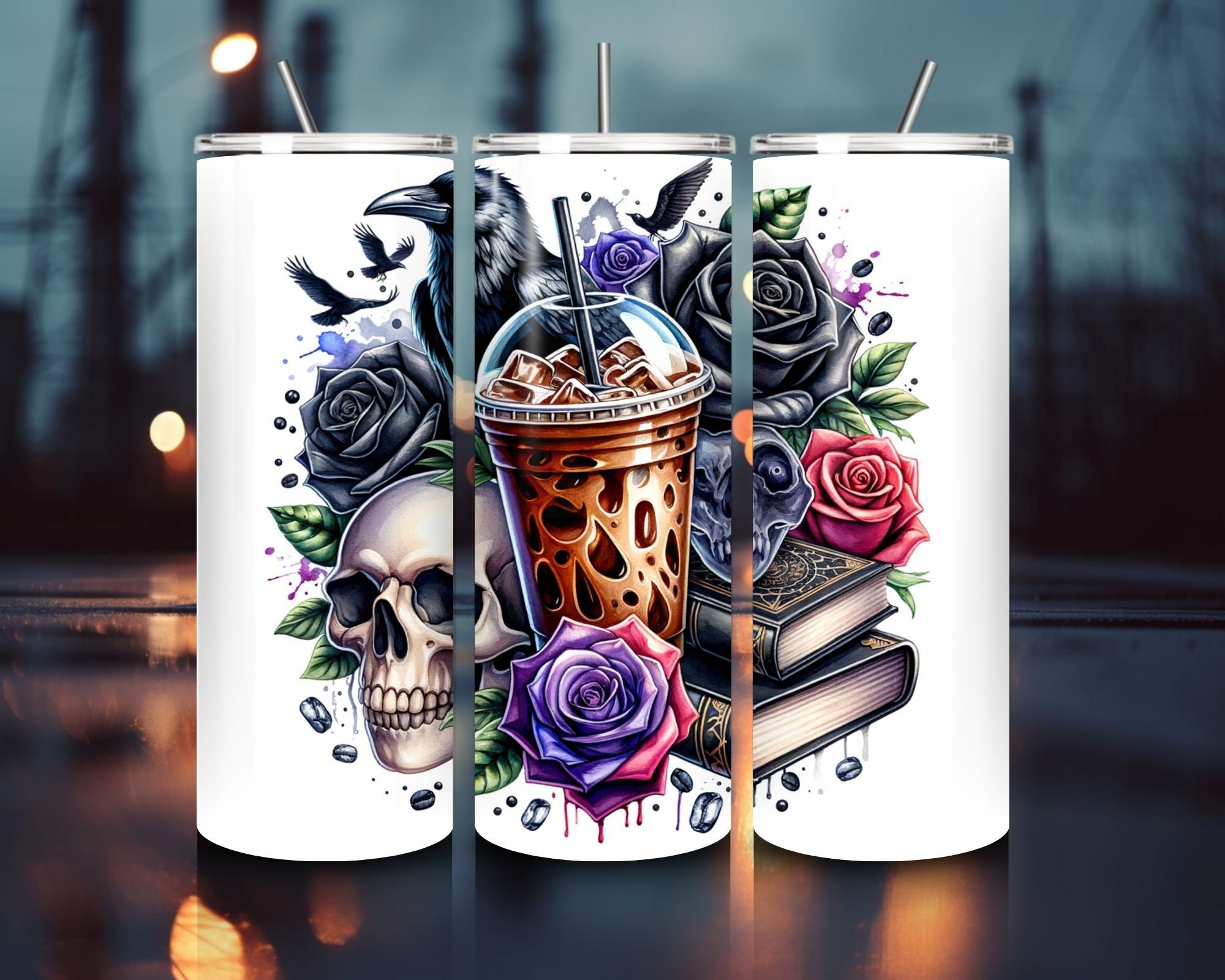 Set of 5 Gothic Iced Coffee Skull Tumbler Wraps, 20oz Skinny ...