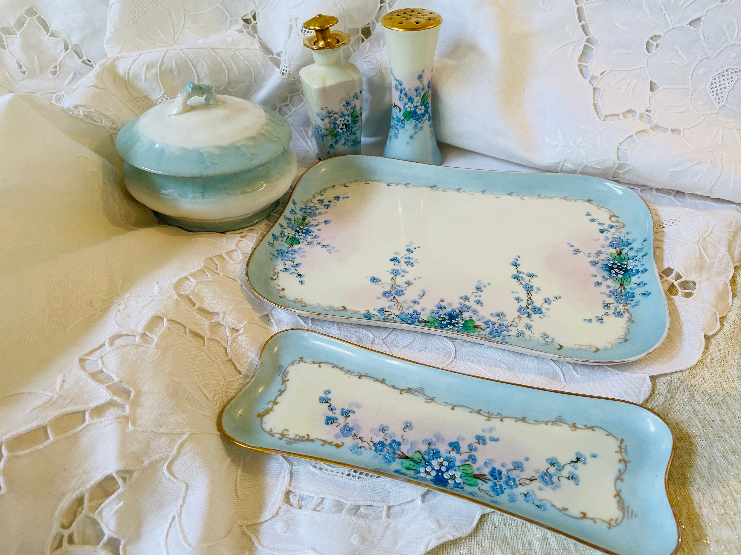 Antique Forget Me Not Blue Boudoir Vanity Set Porcelain - Etsy
