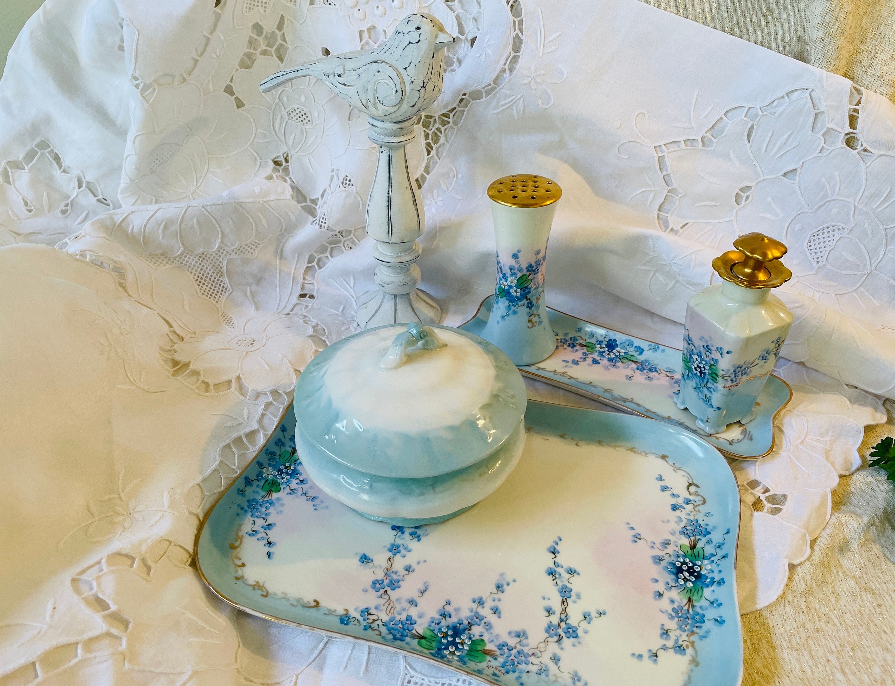Antique Forget Me Not Blue Boudoir Vanity Set Porcelain - Etsy