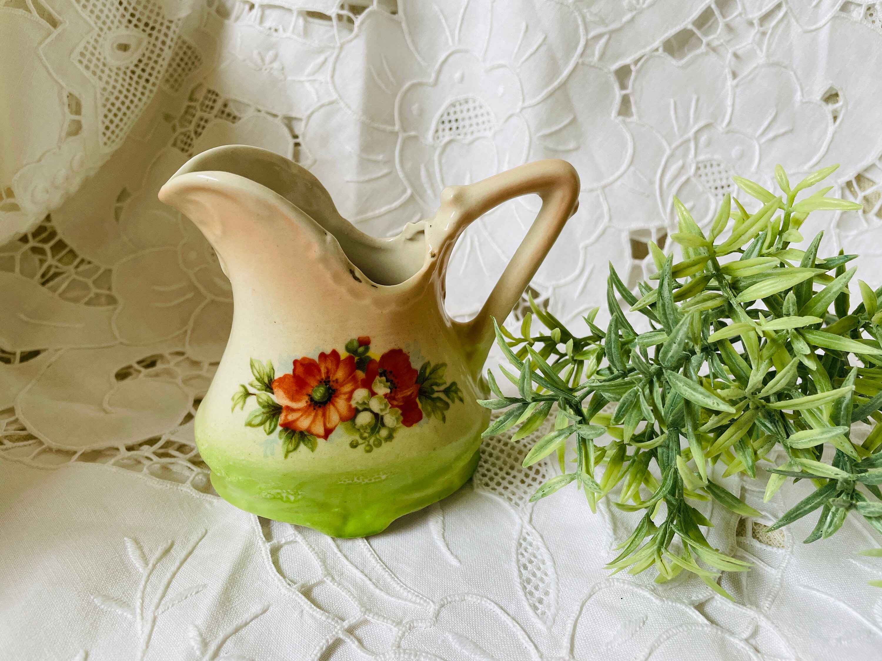 Antique Czech Pottery Creamer Handpainted Floral Green and - Etsy