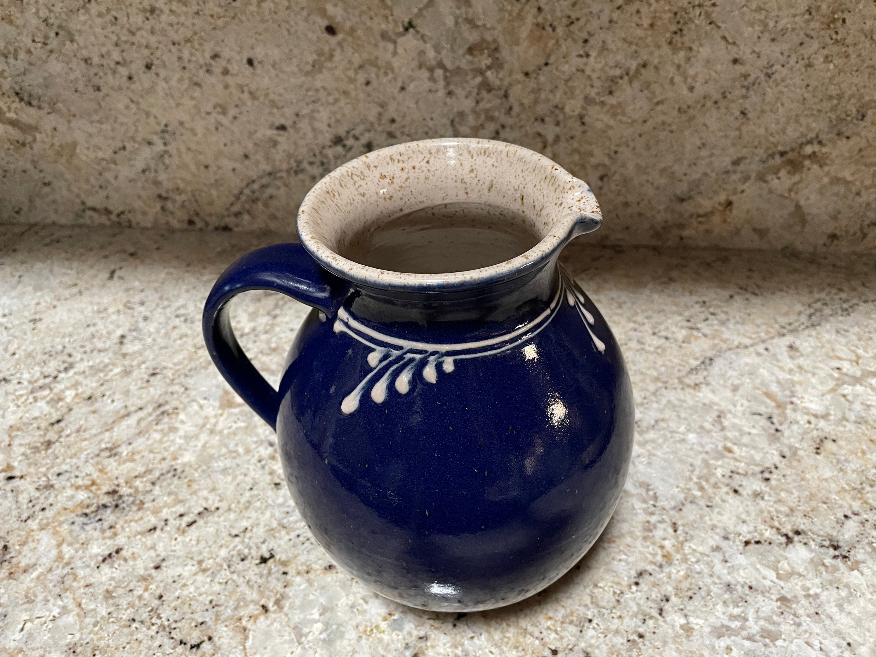 Large Pottery Pitcher, Hand Made Stoneware Country Cottage Blue and ...