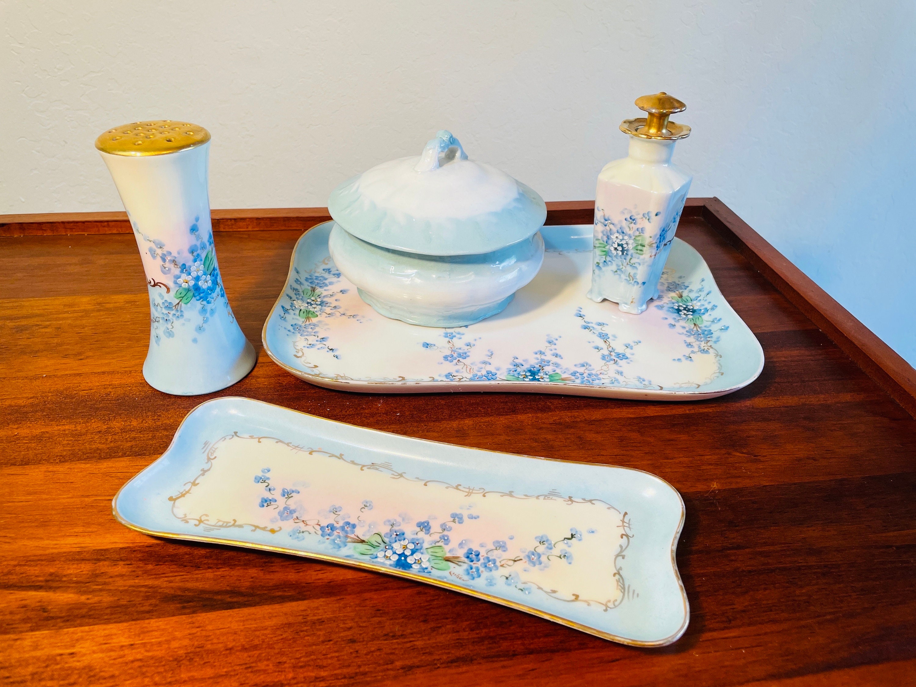 Antique Forget Me Not Blue Boudoir Vanity Set Porcelain - Etsy