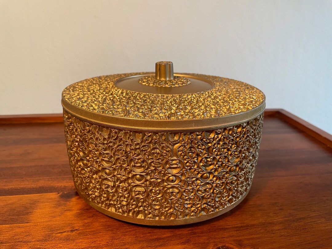 MCM Gold Plastic Textured Round Box Container Sewing Storage Hollywood ...