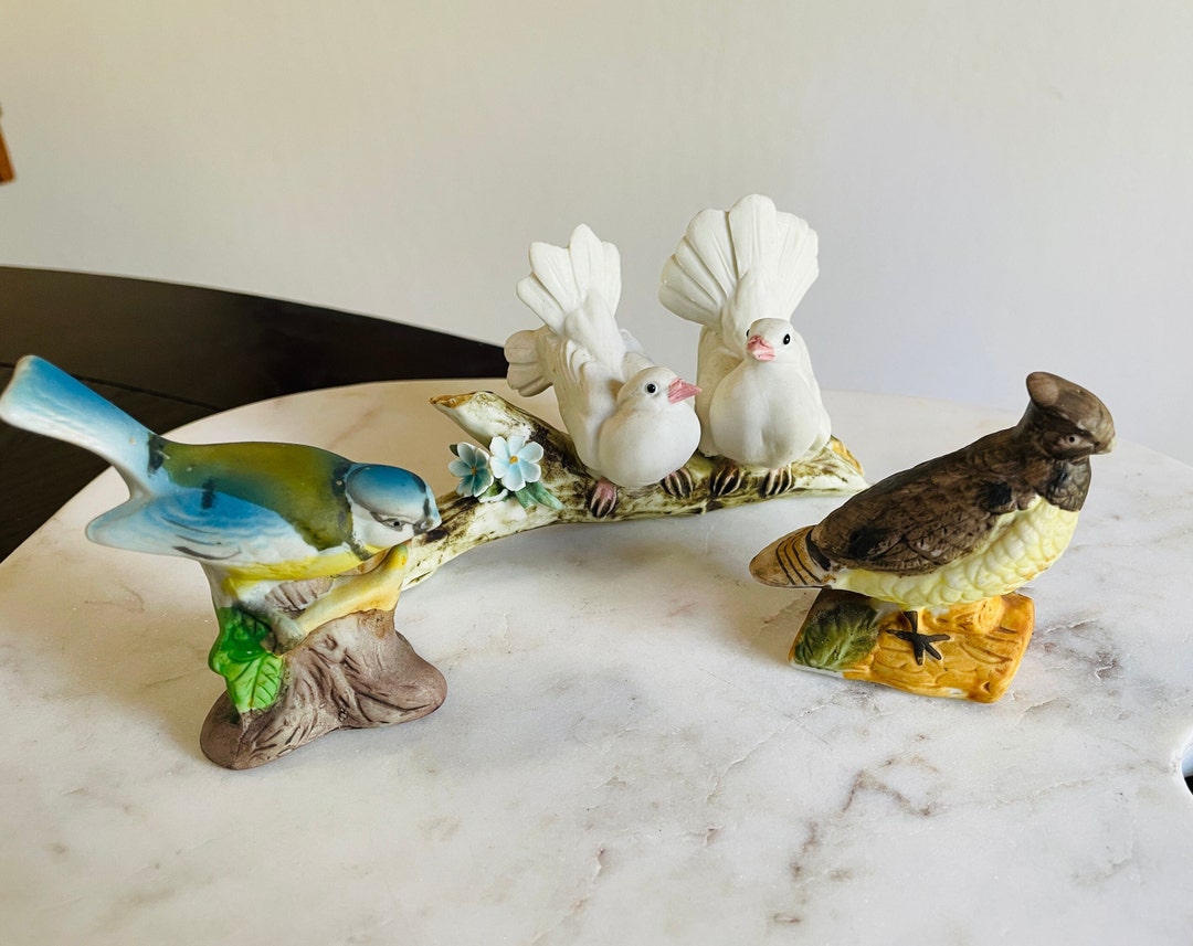 Miniature Porcelain Bird Figurines, Love Birds REPAIRED, Quail and Blue ...