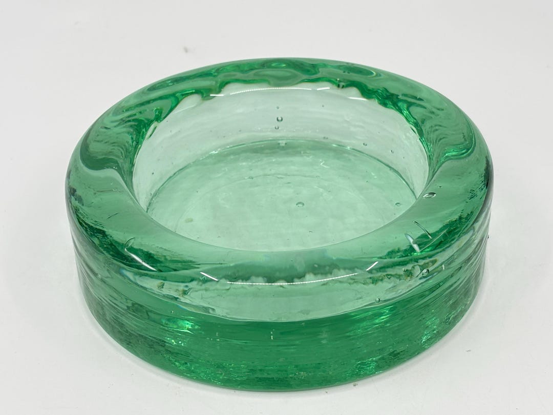 Blenko Style Recycled Green Art Glass Round Catch All, Candle Holder or ...