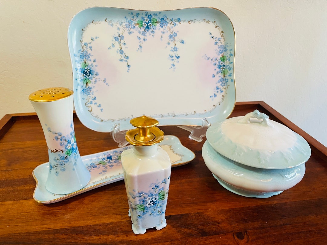 Antique Forget Me Not Blue Boudoir Vanity Set, Porcelain Dresser Set ...