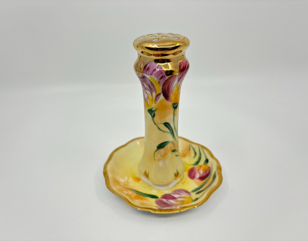 Vintage Hatpin Holder Hand Painted Ceramic Gold Gilt Floral Hat Pin ...