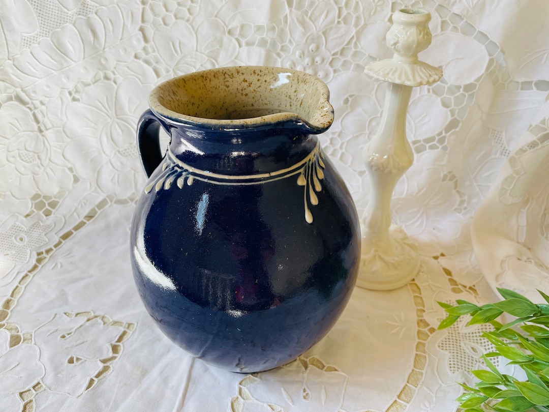 Large Pottery Pitcher, Hand Made Stoneware Country Cottage Blue and ...