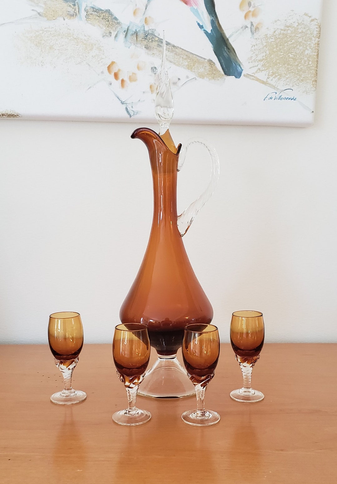 Vintage Amber Hand Blown Italian Decanter Cordial Set W/4 Glasses ...