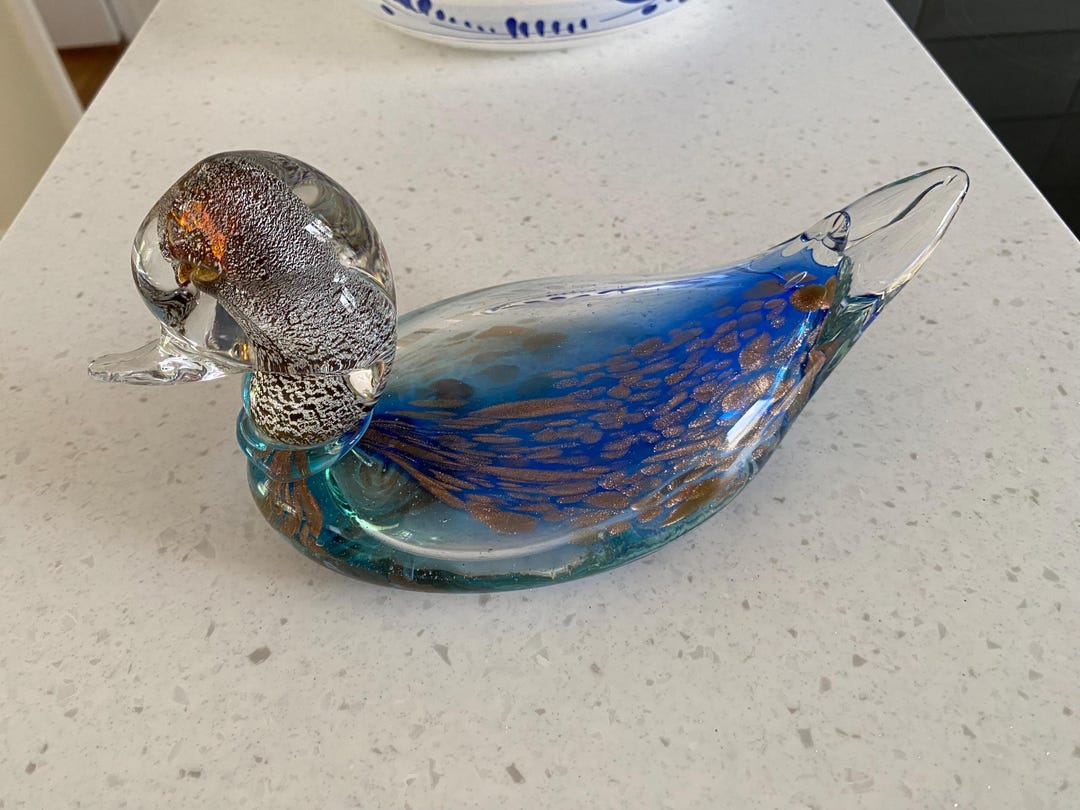 Murano Art Glass Vintage Mandarin Duck Fleck Inlay Copper Silver Cobalt ...