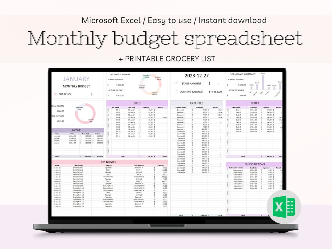 Excel Monthly Budget Spreadsheet Template, Bills Tracker, Paycheck ...
