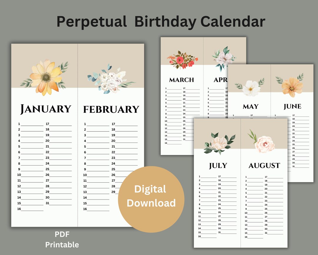 Printable Perpetual Calendar Birthday Calendar Digital Download ...
