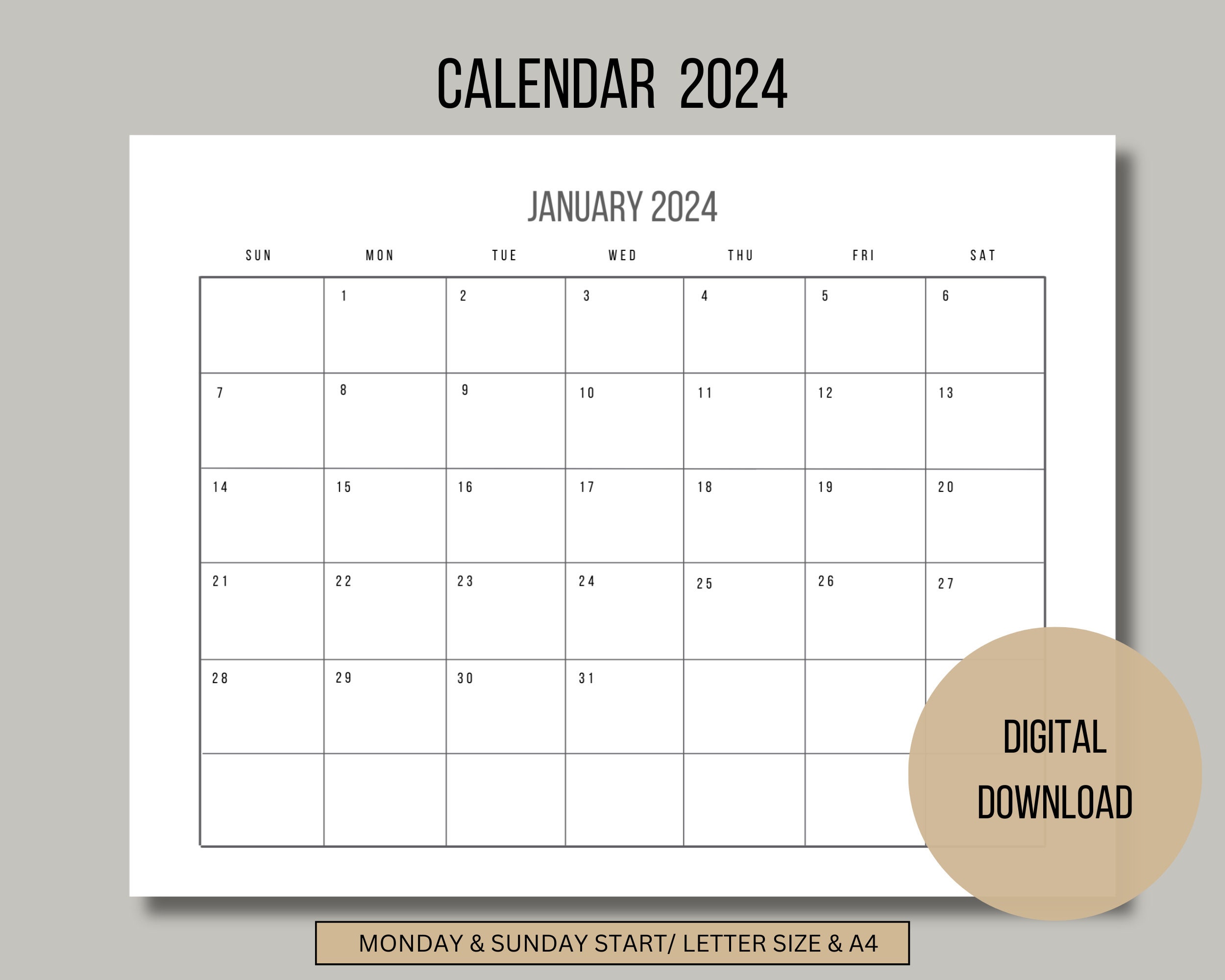 Printable Calendar 2024 | Monthly Planner 2024 | A4, Letter | Landscape ...