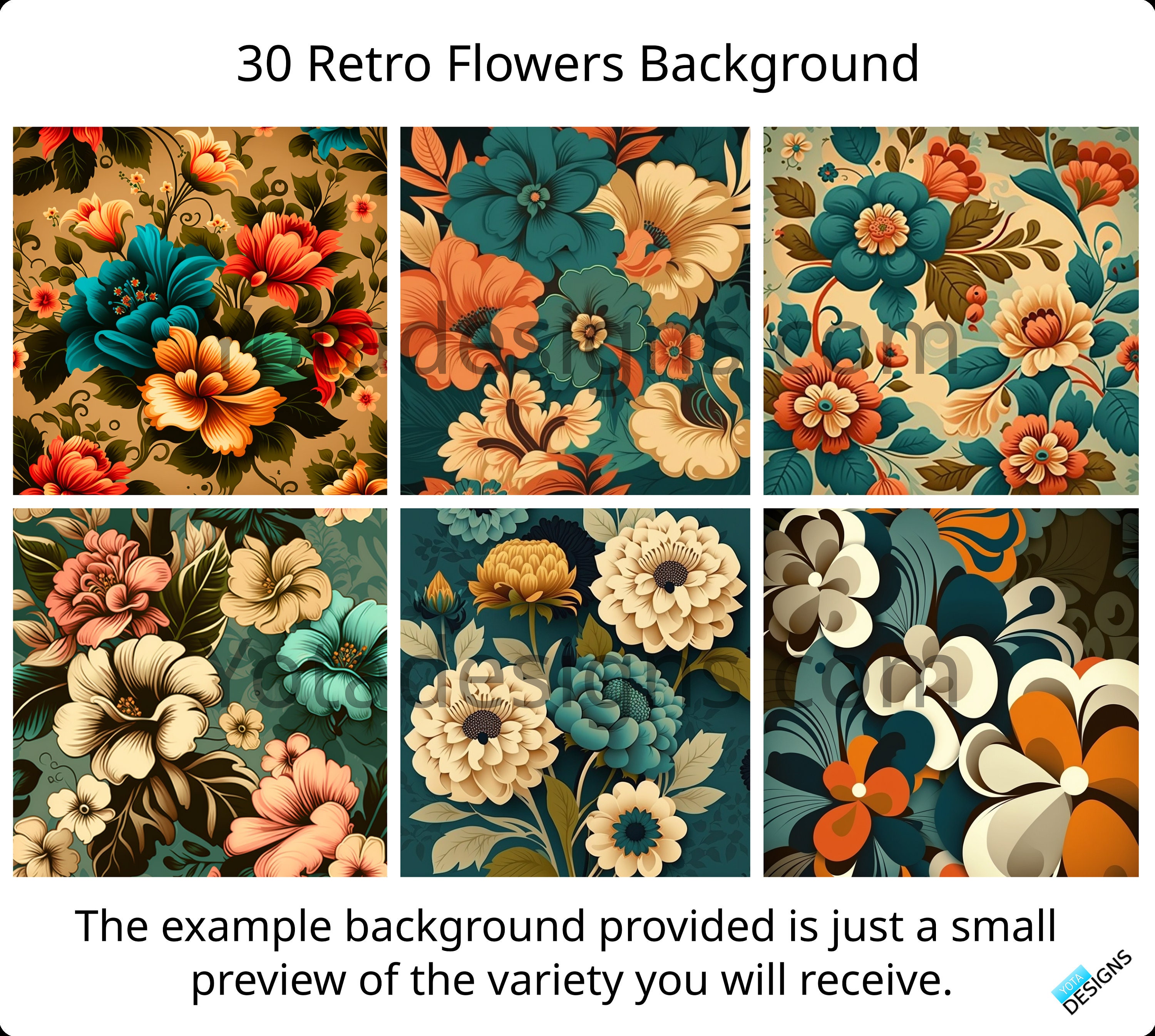 30 Retro Flowers Background, Bundle, Scrapbook, Commercial Use, Vintage ...