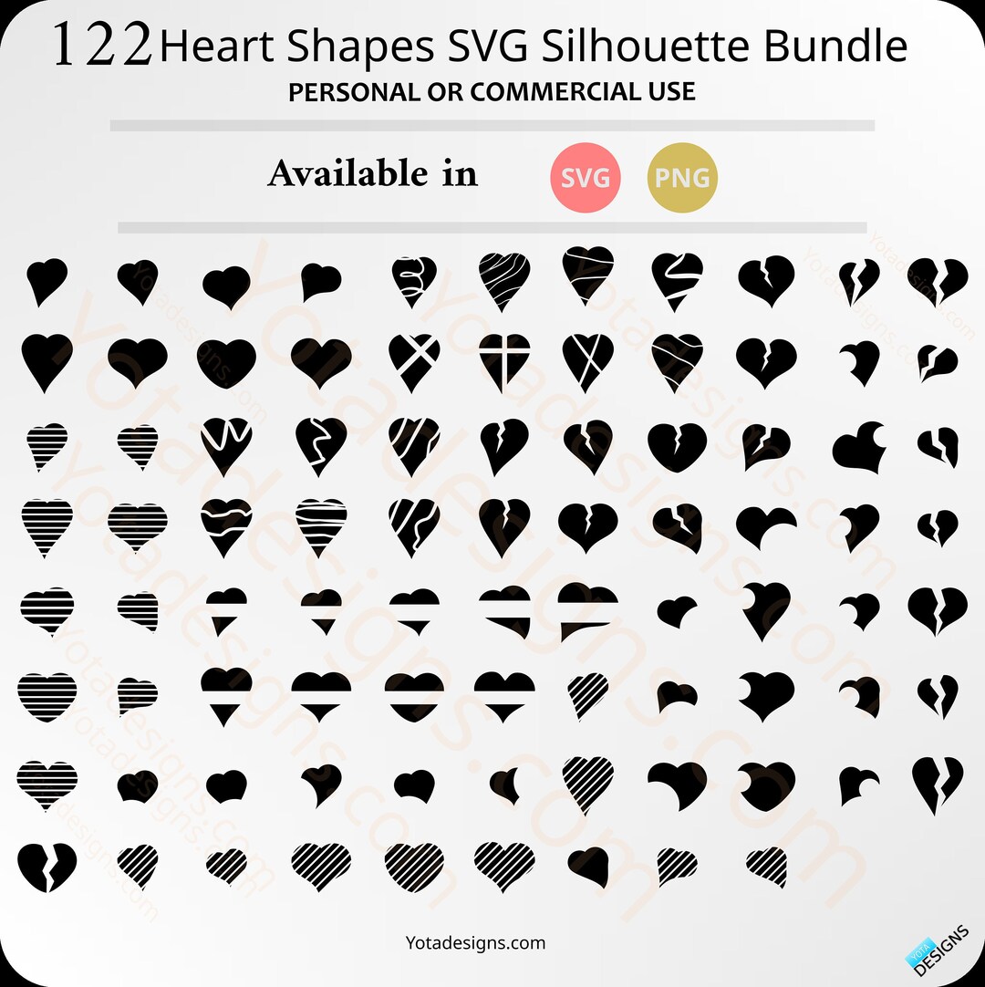 SVG Bundle, 122 SVG Heart Shapes Silhouette, Png, Svg Files, Valentine ...