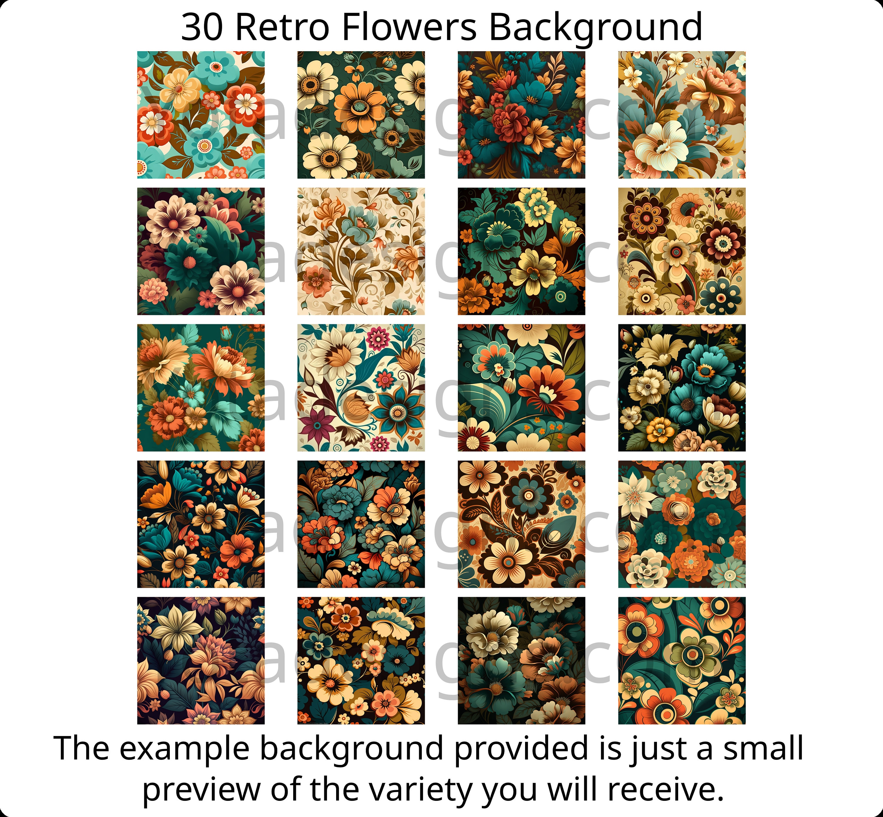 30 Retro Flowers Background, Bundle, Scrapbook, Commercial Use, Vintage ...