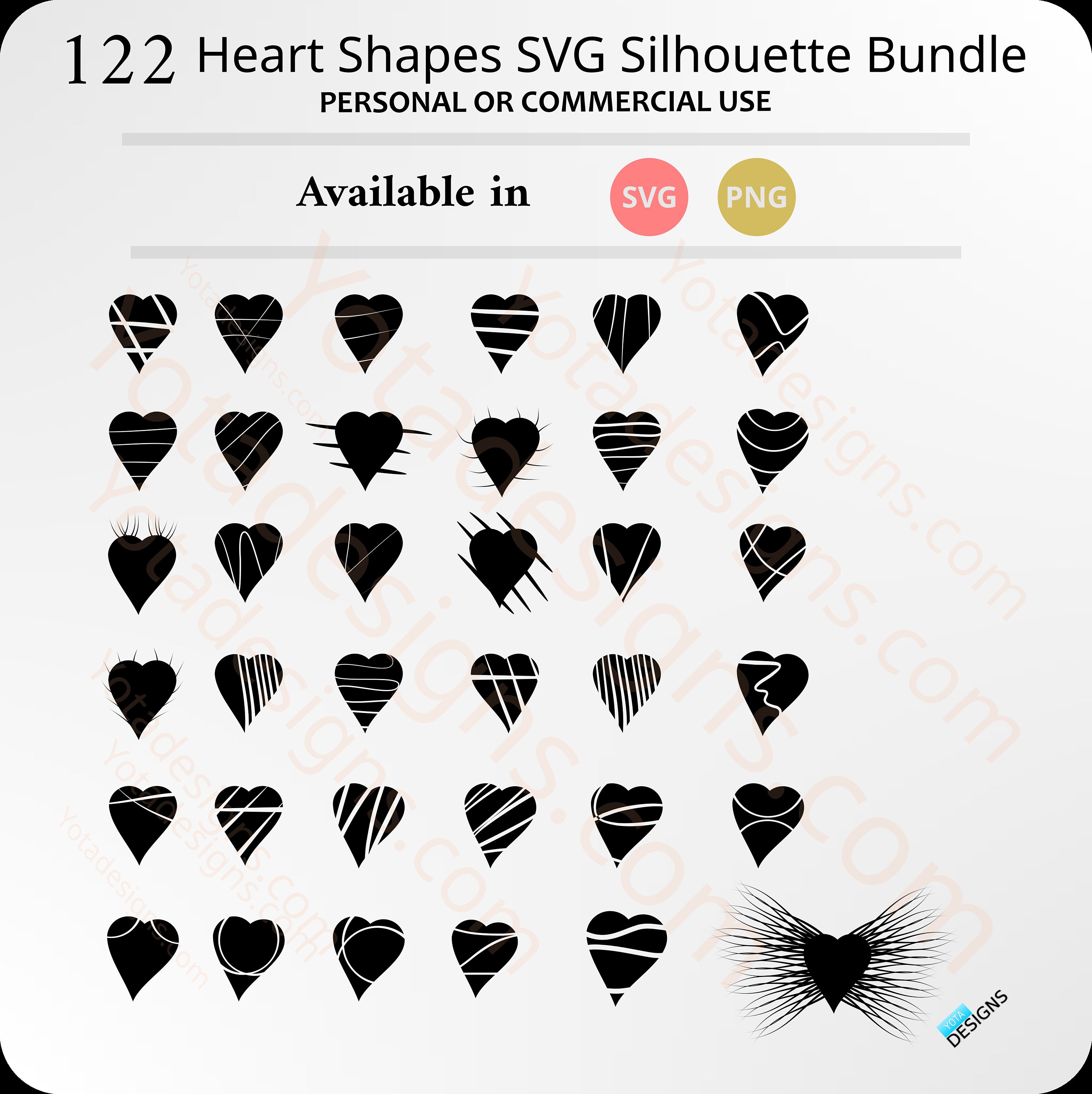 SVG Bundle, 122 SVG Heart Shapes Silhouette, Png, Svg Files, Valentine ...