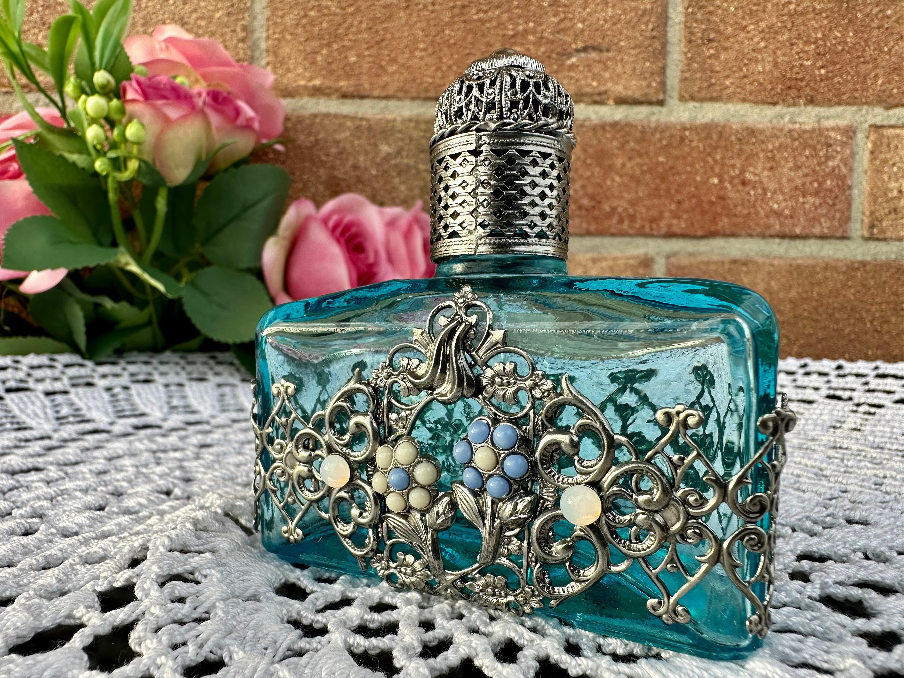 Handcrafted Blue Glass Oil Perfume Bottle With Silver Color Metal ...