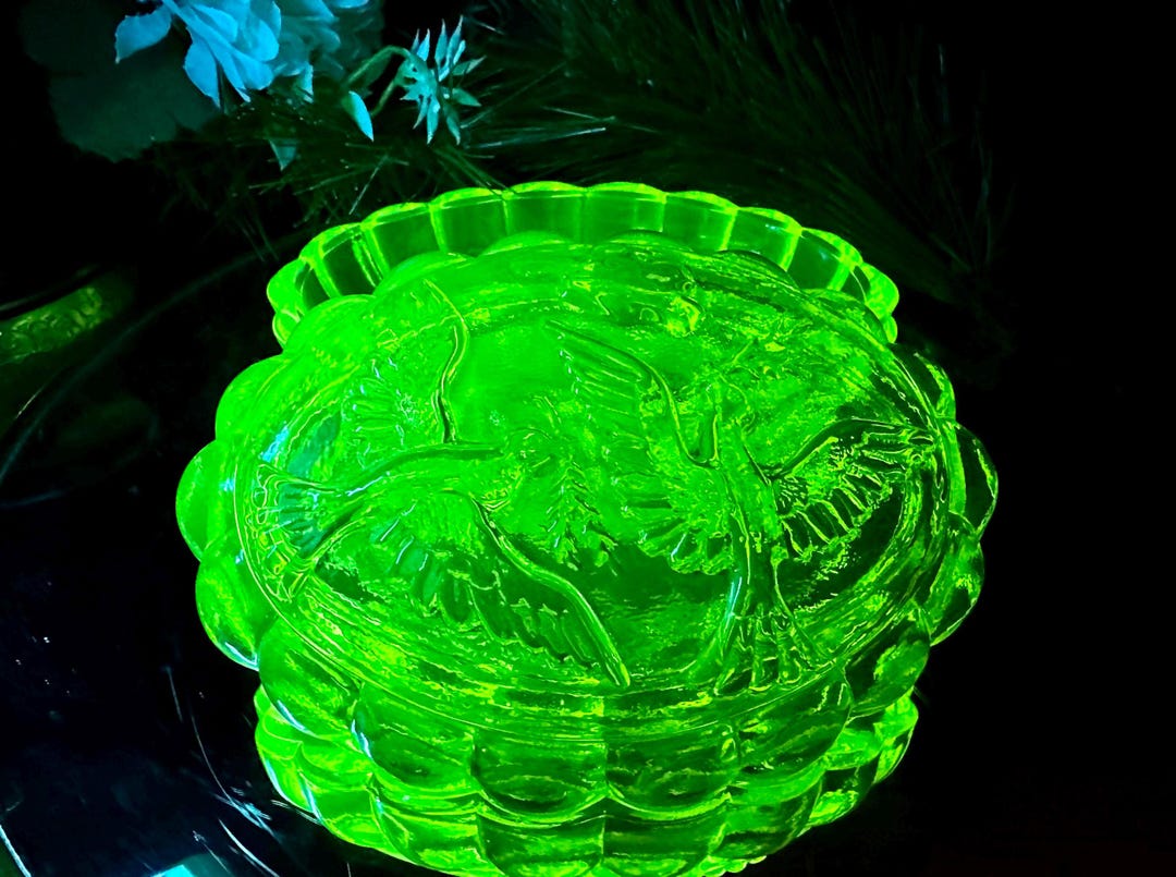 Handcrafted Uranium Glass Jar With Dove Lid - Artisan Bird Motif Home ...
