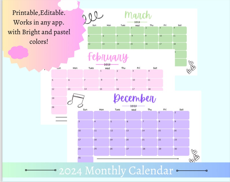 2024 Yearly Calendar | Pastel Bright Colors - Etsy