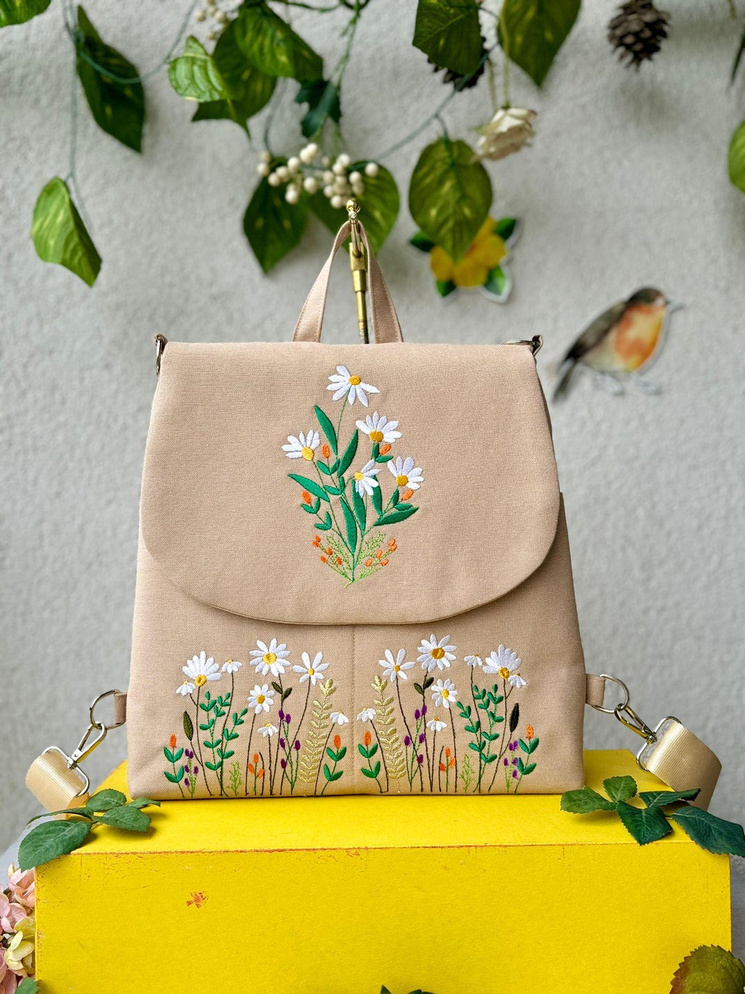 Handmadebackpack Floralembroidery Daisybag Bohoaccessory Natureinspired ...