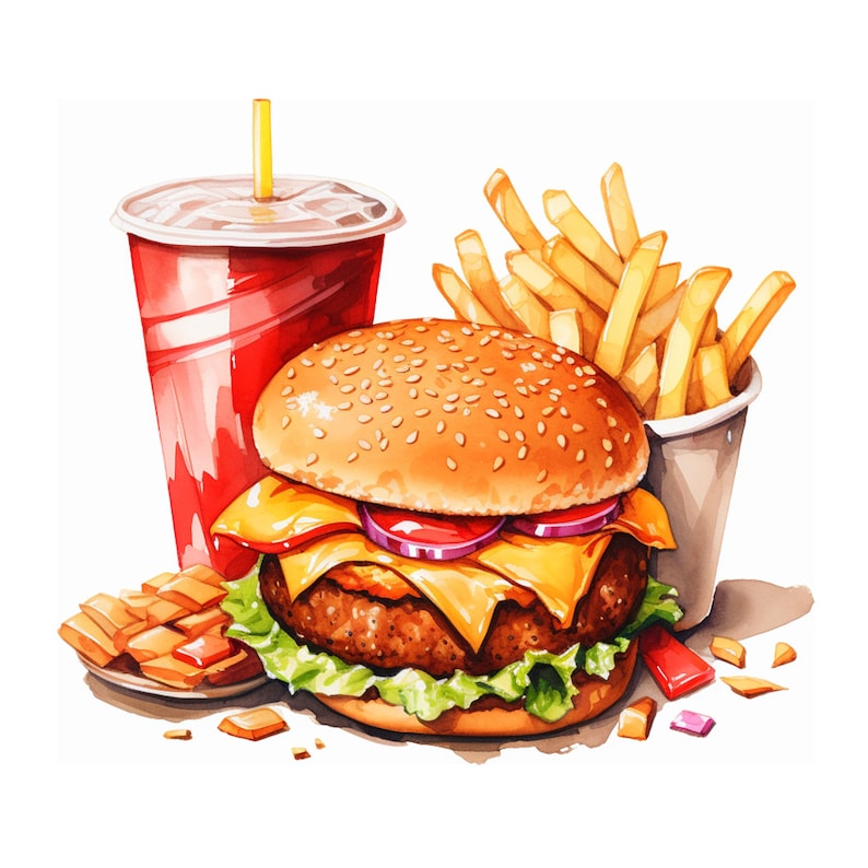 Watercolour Fast Food Clip Art Hamburger Pizza Chips Hotdog Popcorn ...