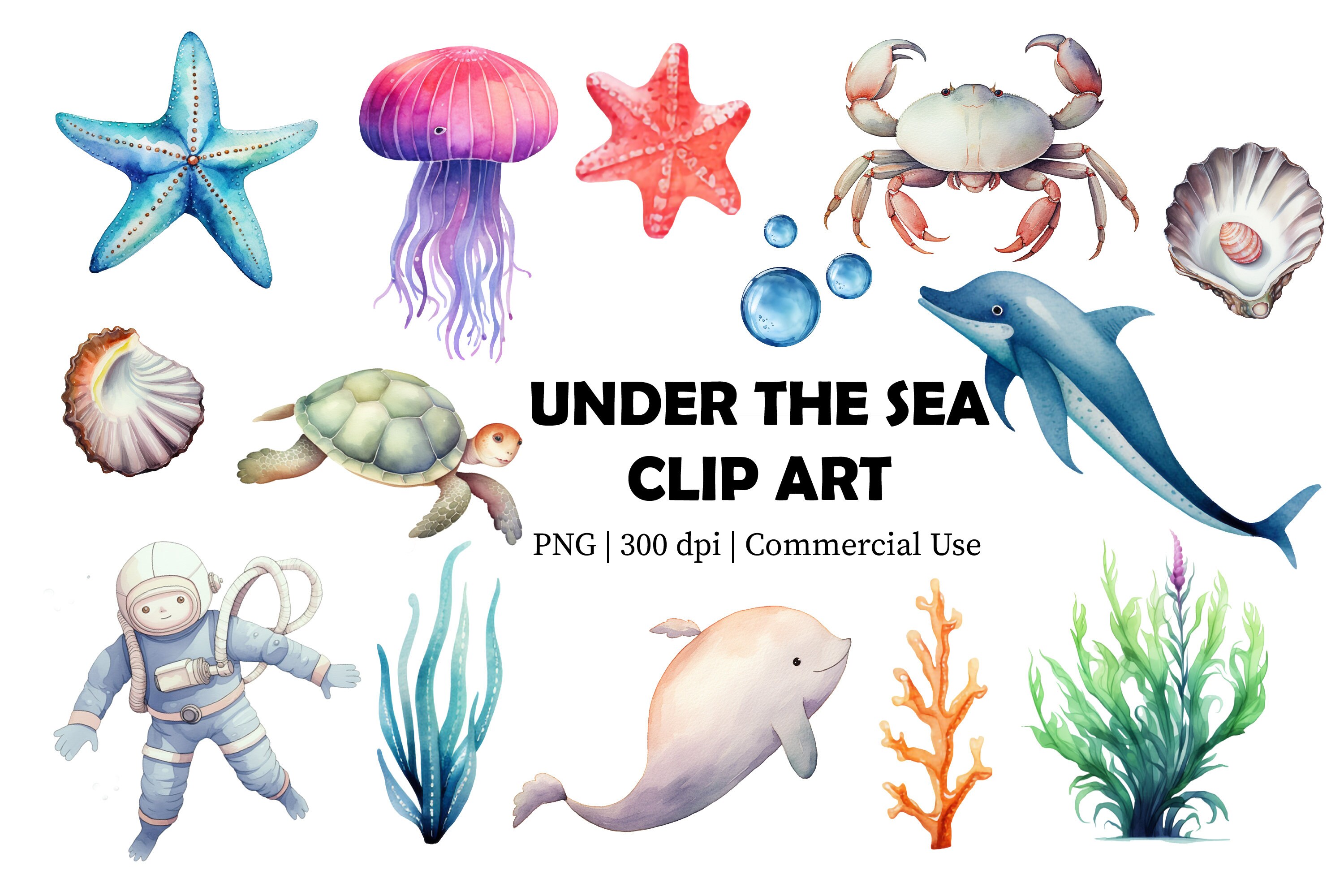 Undersea Watercolor Clipart Bundle Nursery Decor, Baby Wall Art, Cute ...