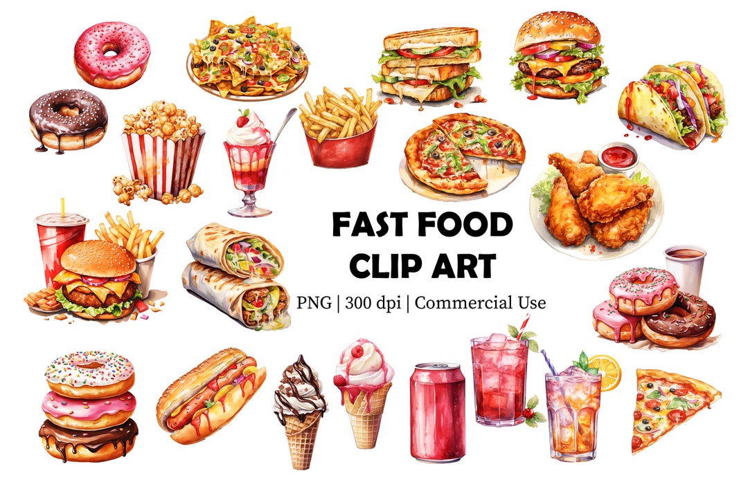 Watercolour Fast Food Clip Art Hamburger Pizza Chips Hotdog Popcorn ...