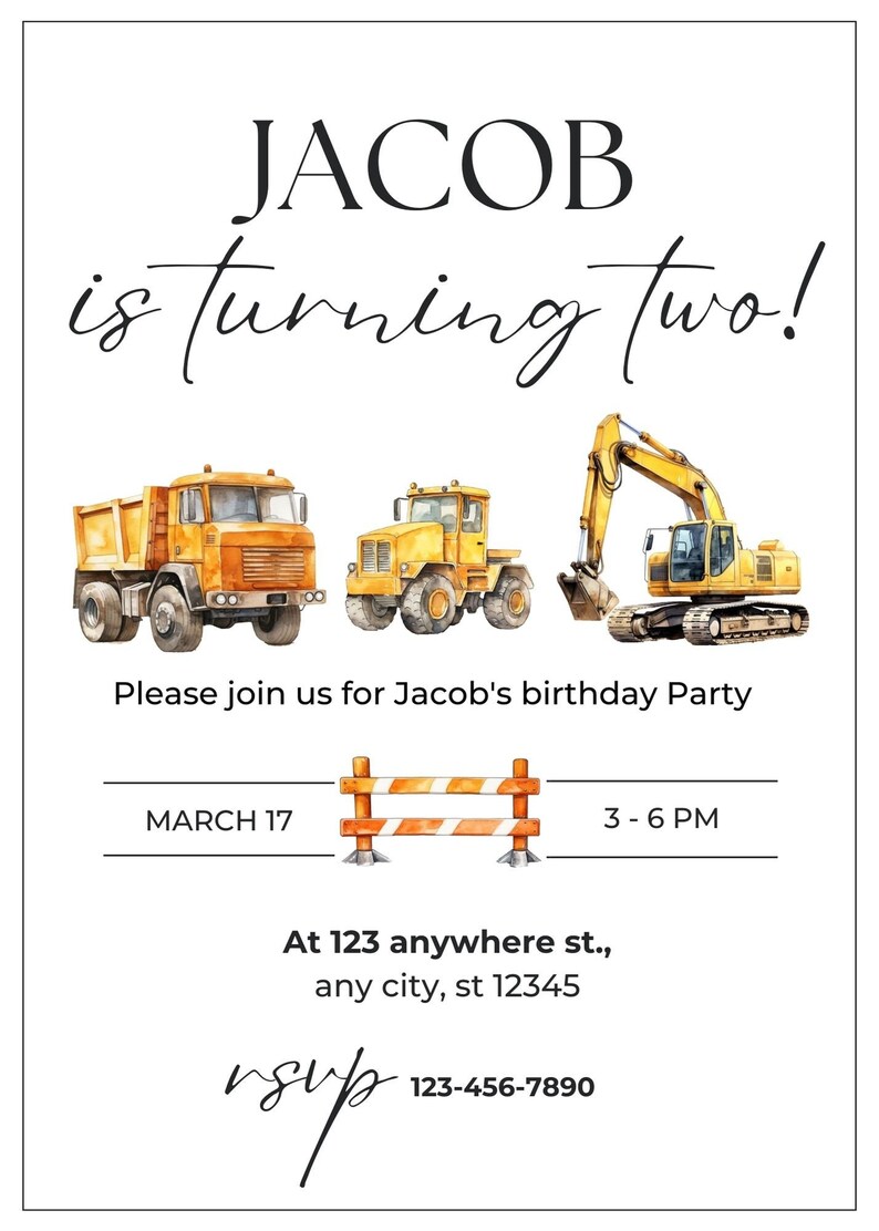 Construction Birthday Party Invitation Template Construction - Etsy