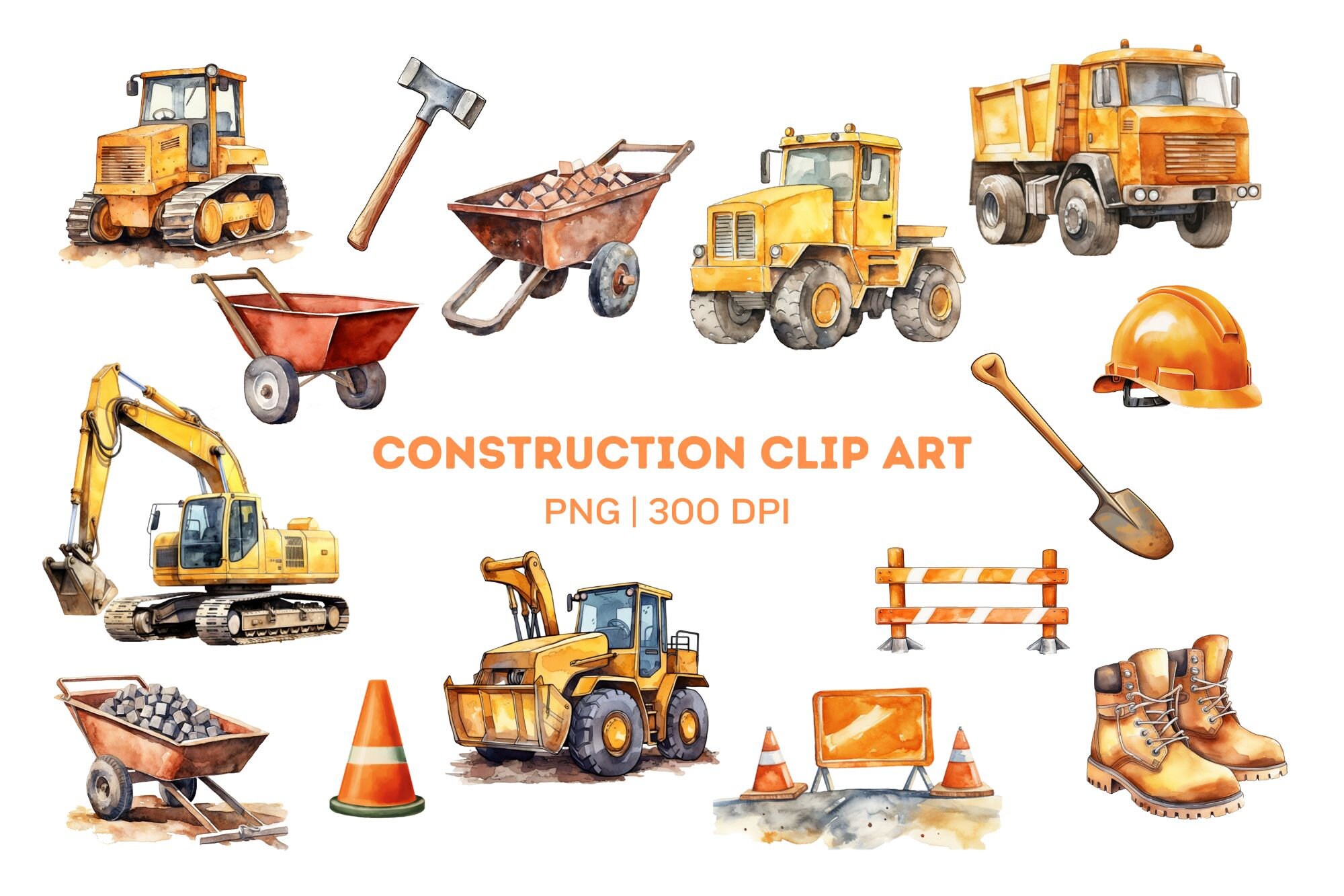 Construction Clipart Bundle, Vehicles Watercolor Digger Excavator Dump ...