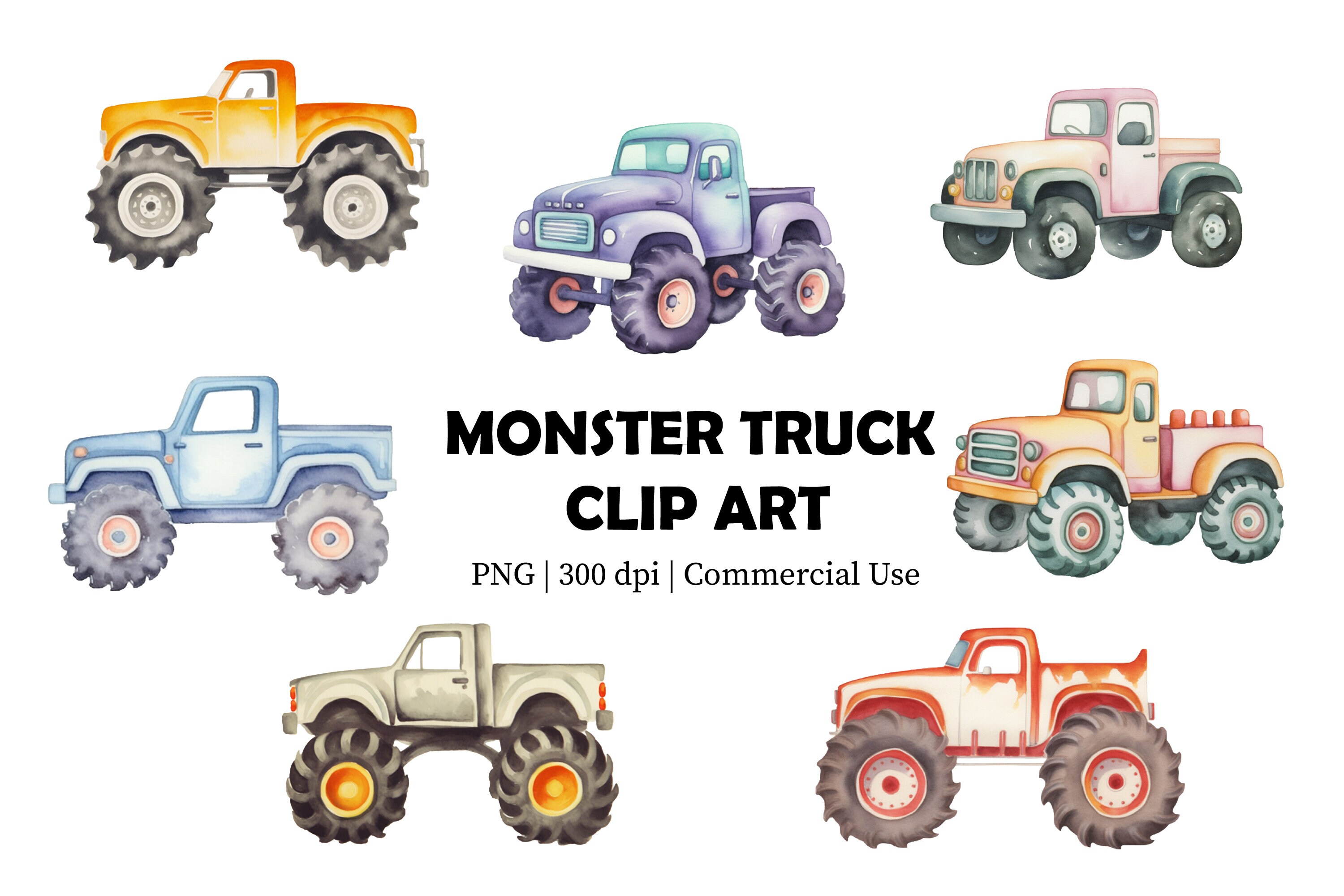 MONSTER TRUCK CLIPART, Watercolor, Vehicles Art Cars Tractor Png ...