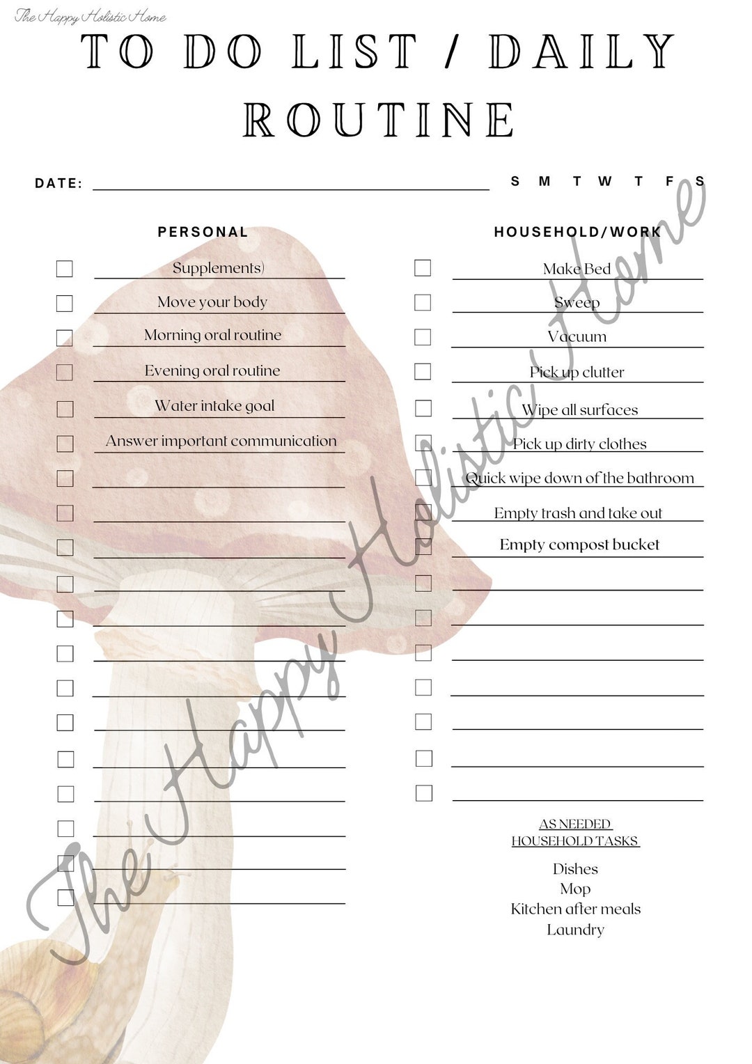 Watercolor Mushroom - the Happy Holistic Home Organization Printable - Etsy