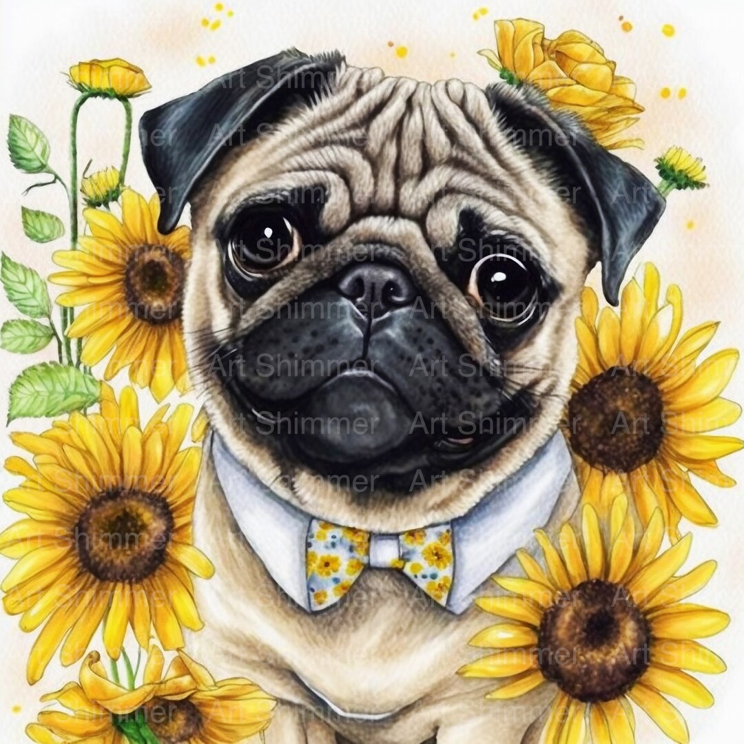 Pug Painting Watercolor Pug Painting Pug With Sunflowers - Etsy