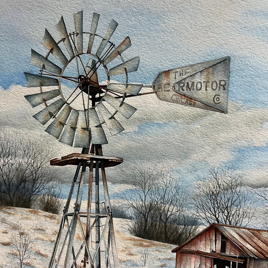 Print of Original Watercolor Painting Snowy Windmill. Windmill Art ...