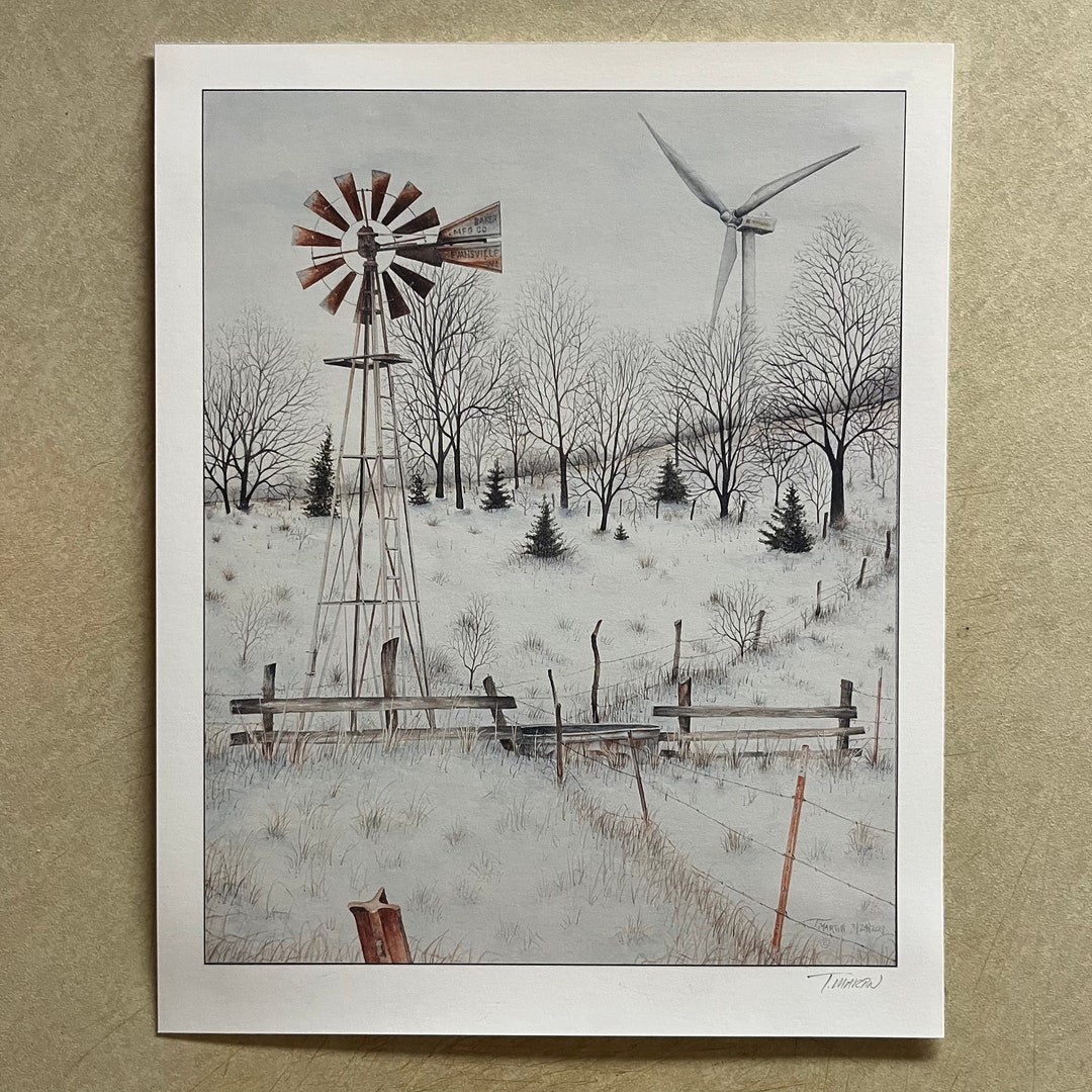 Print of Original Watercolor Winter Windmills. Winter Landscape. Wind ...