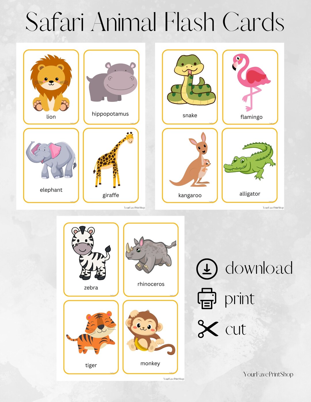 Safari Animal Flash Cards Template Set, (toddler, School, Homeschool ...