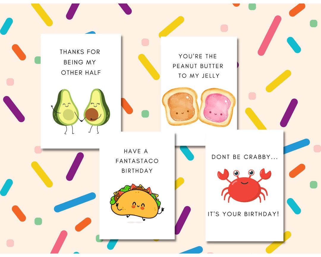 Set of 4 Funny Foodie Birthday Cards (avocado, Taco, PBJ Toast, Crab ...