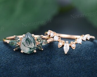 Pear Shaped Moss Agate Engagement Ring Set Vintage Rose Gold - Etsy