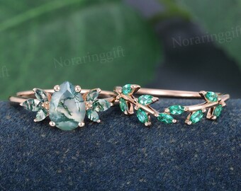 Pear Shaped Moss Agate Engagement Ring Set Vintage Rose Gold - Etsy Australia